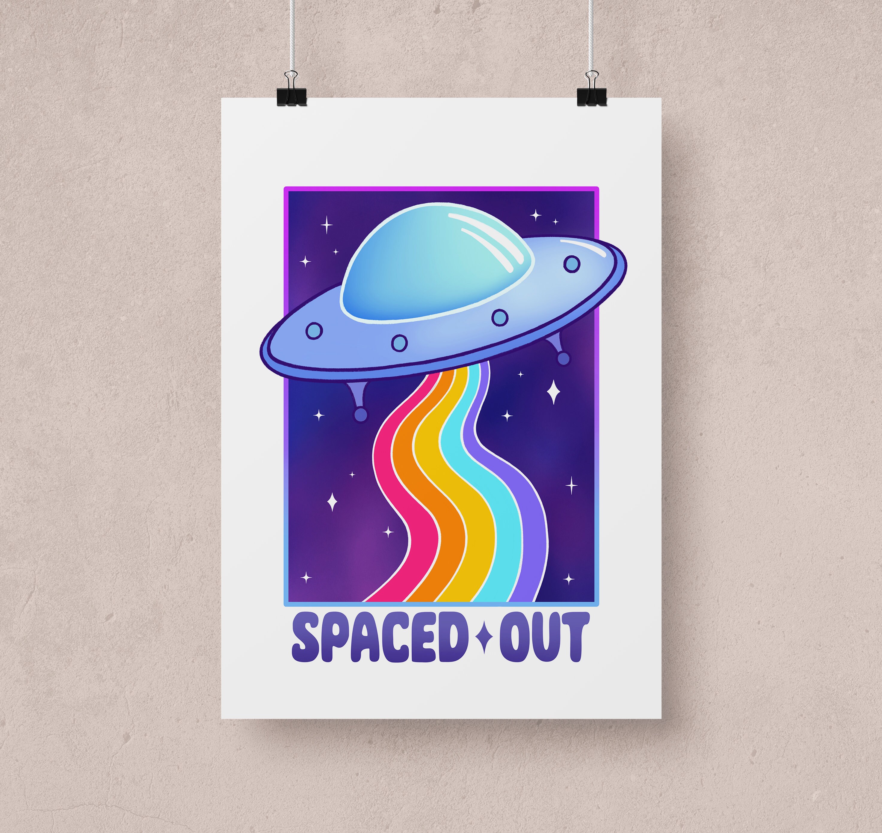 Alien Art Print Spaced Out UFO Illustration Fun Rainbow Space Wall Art ...