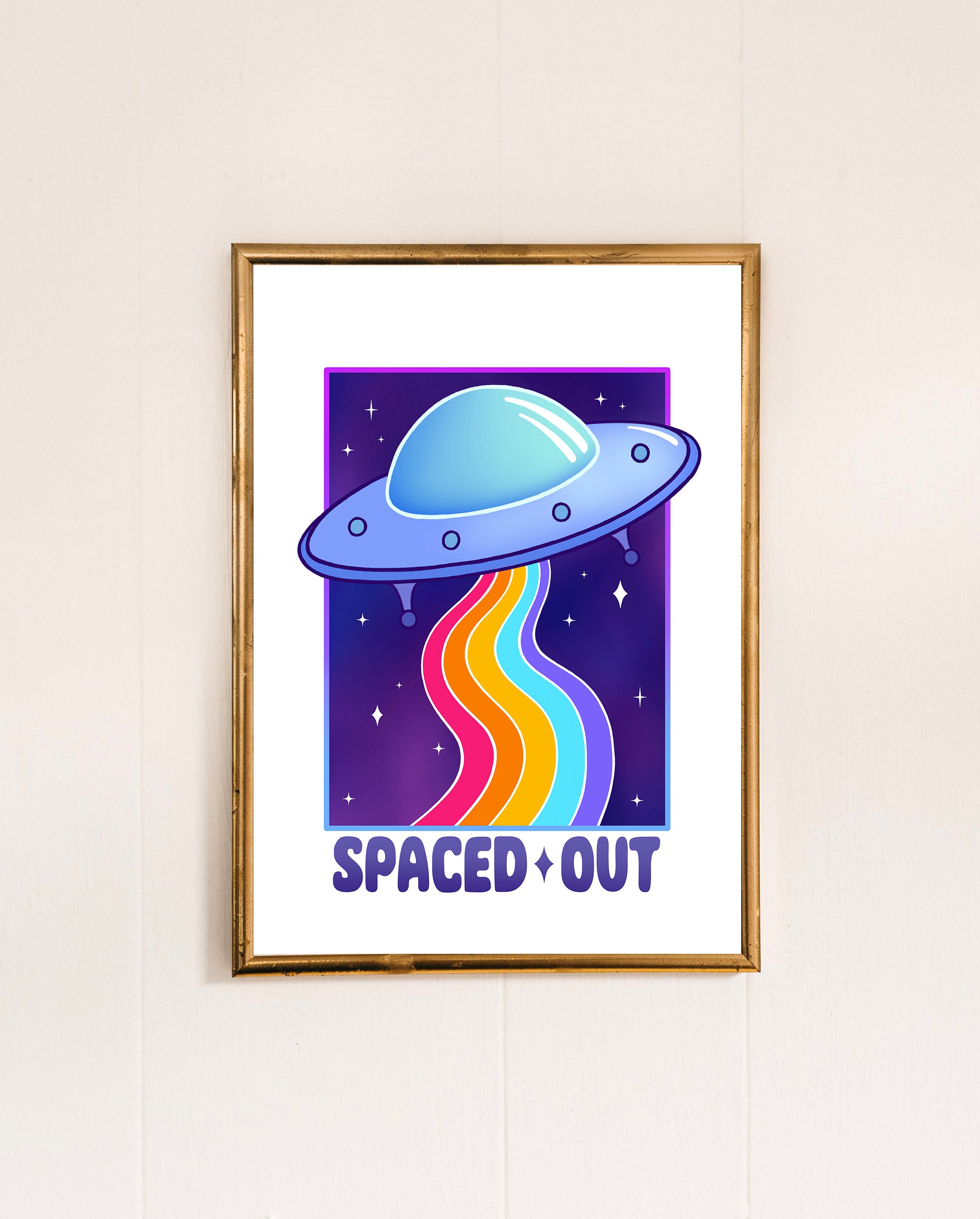 Alien Art Print Spaced Out UFO Illustration Fun Rainbow Space Wall Art ...