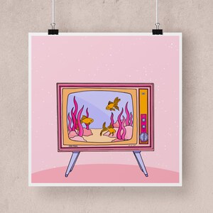 Fish Illustration Telefishion Unique Art Print Retro TV Fish Tank ...