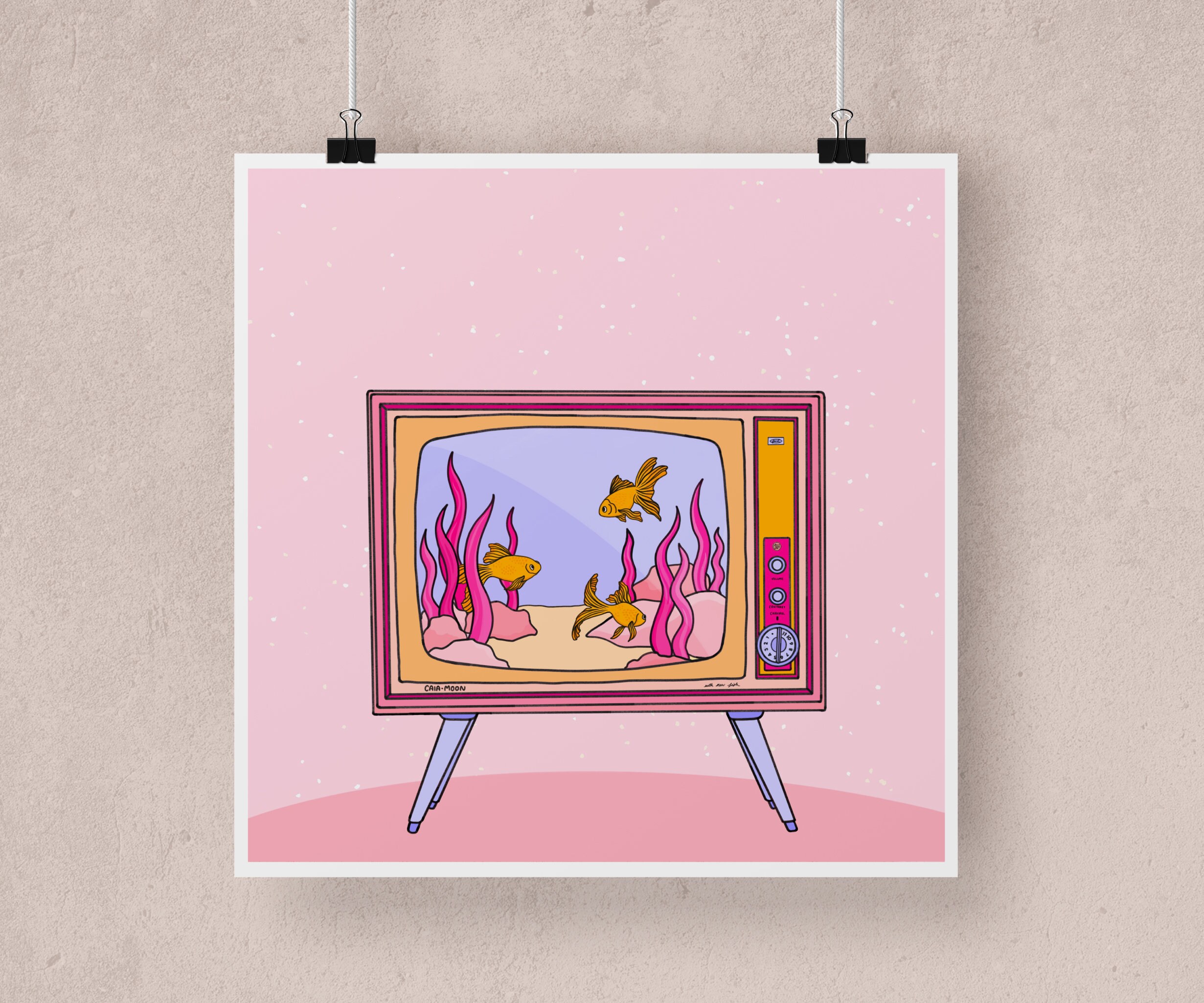 Fish Illustration Telefishion Unique Art Print Retro TV Fish Tank ...