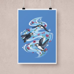 Puffin Art Print - Cute Flying Puffins Artwork - Blue Floral Puffins ...
