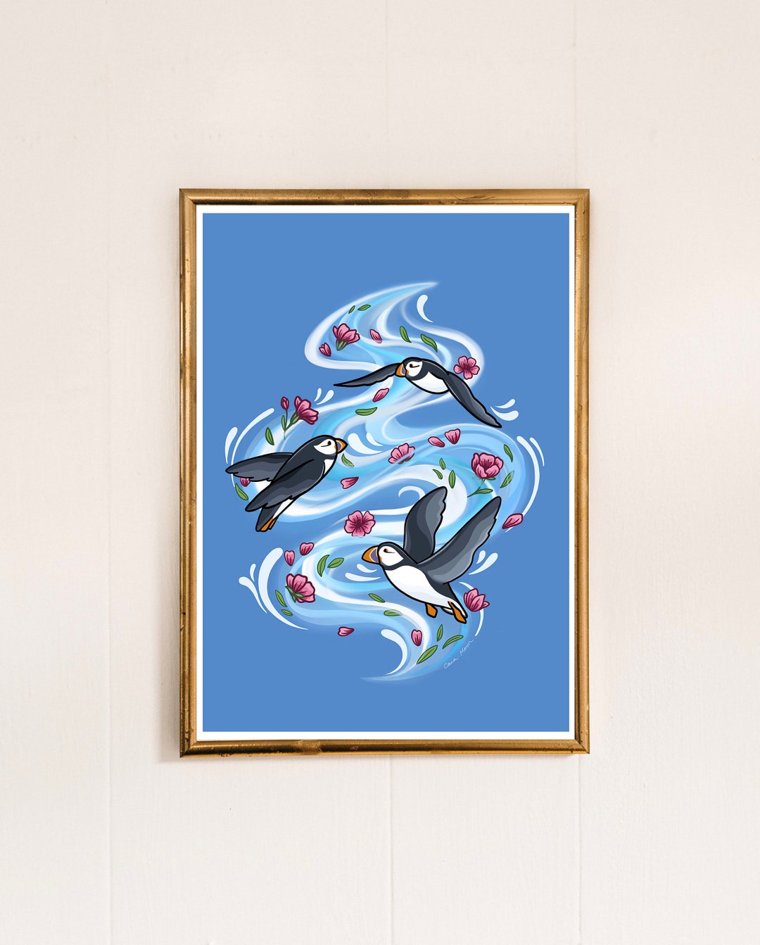Puffin Art Print - Cute Flying Puffins Artwork - Blue Floral Puffins ...