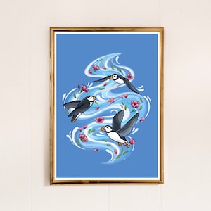 Puffin Art Print - Cute Flying Puffins Artwork - Blue Floral Puffins ...