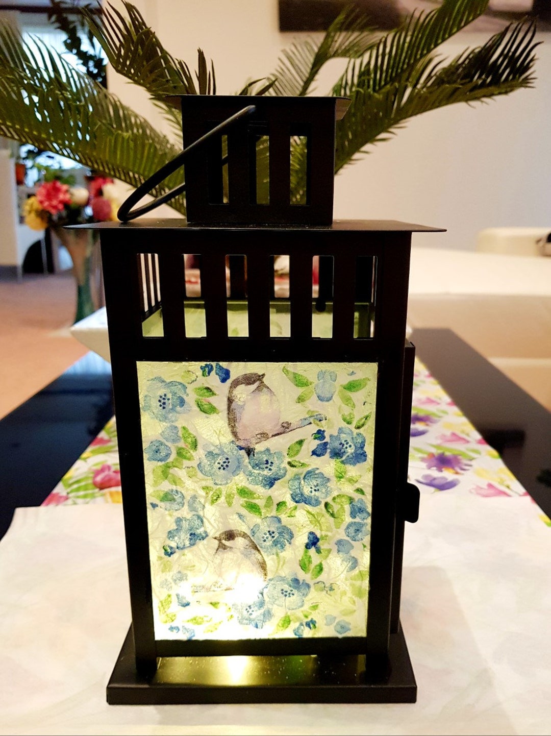 Hand Decorated Lantern Blue Flowers & Bird on Strawsilk Glass One of a ...