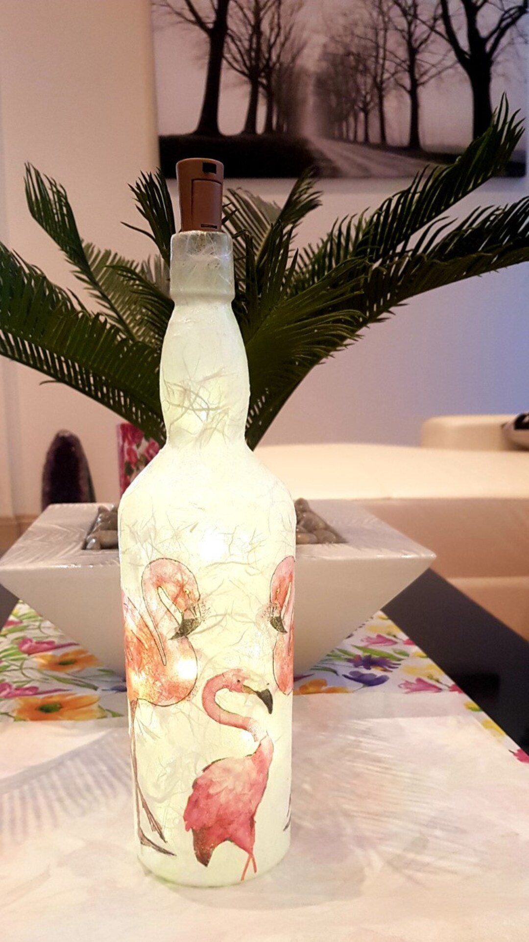 Hand Decorated Flamingo Light up Bottle - Unique Birthday/housewarming ...