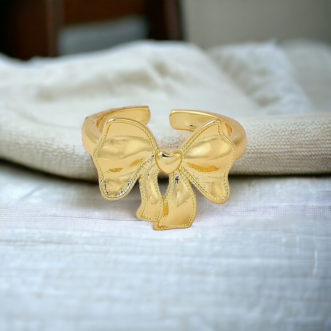18K Gold Plated Bow Ring | Adjustable Open Style Ribbon Ring | Dainty ...