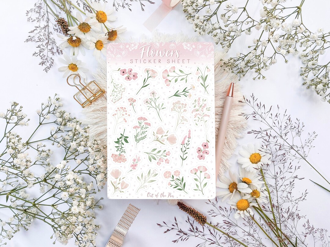 Sticker Sheet Flowers Light Pink, Journal Stickers Wildflowers, Floral ...