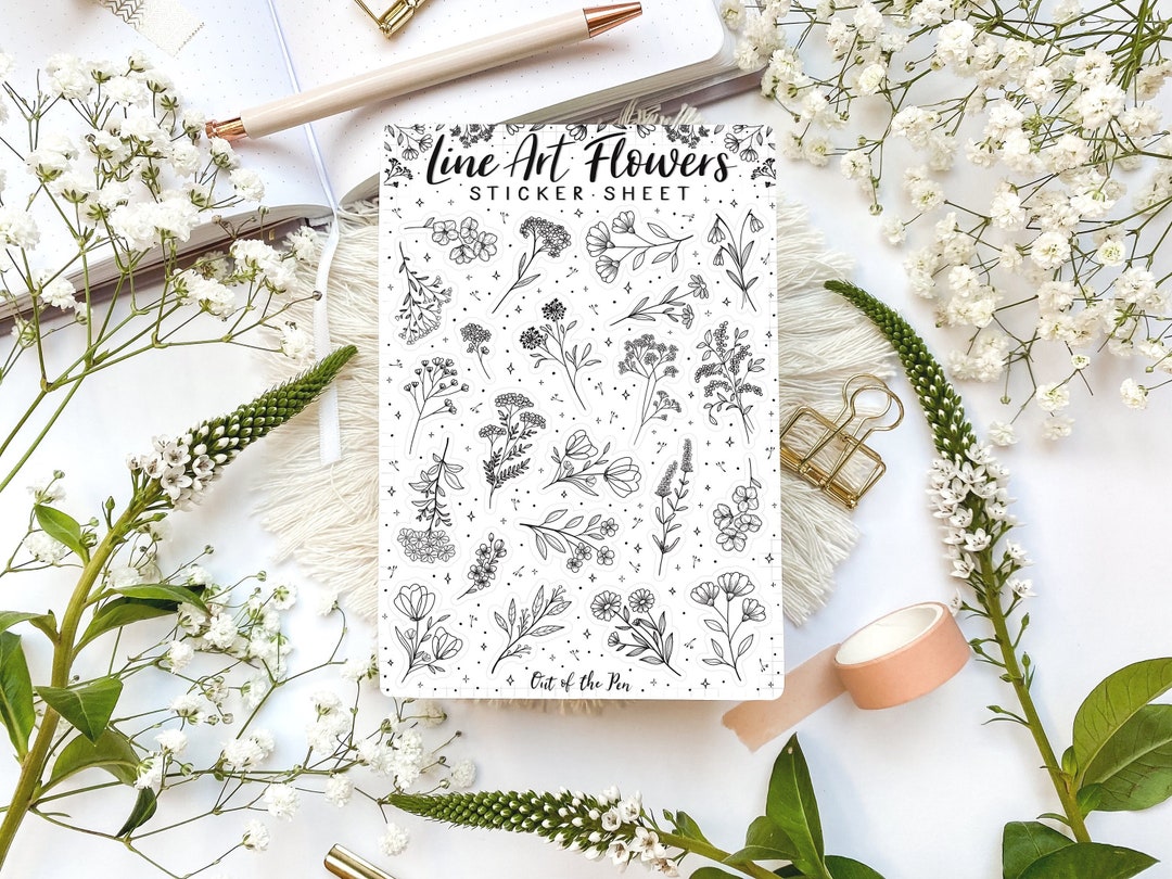 Sticker Sheet Flowers Line Art Black and White, Journal Stickers ...