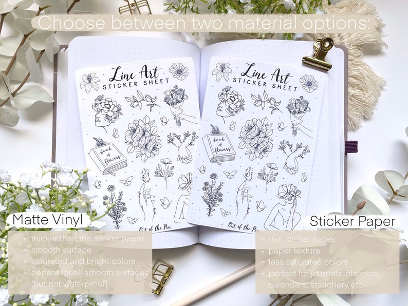 Sticker Sheet Lineart Black and White, Journal Stickers Floral ...
