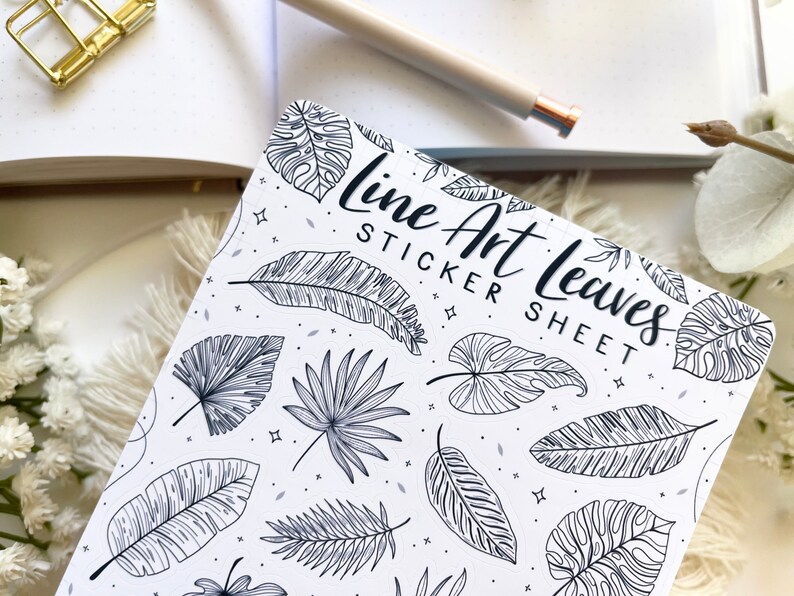 Sticker Sheet Leaves Line Art Black and White Bullet Journal - Etsy