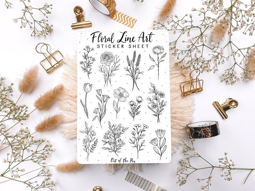Sticker Sheet Floral Lineart, Journal Stickers, Scrapbook Stickers ...