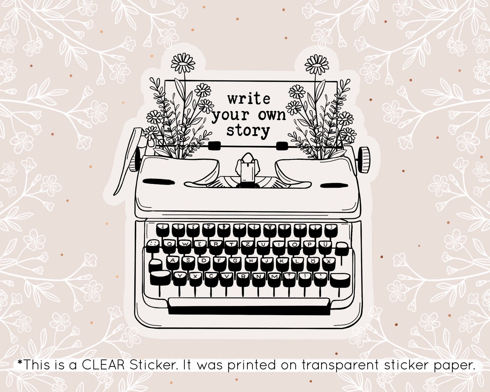 Line Art Typewriter Vinyl Sticker Black and White, CLEAR Sticker ...
