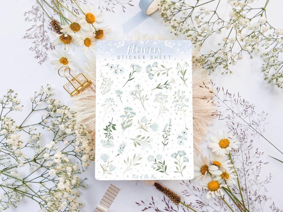 Sticker Sheet Flowers Blue, Journal Stickers Wildflowers, Floral ...