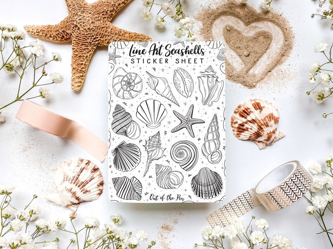 Black and White Line Art Seashells Sticker Sheet, Beach Theme Stickers ...