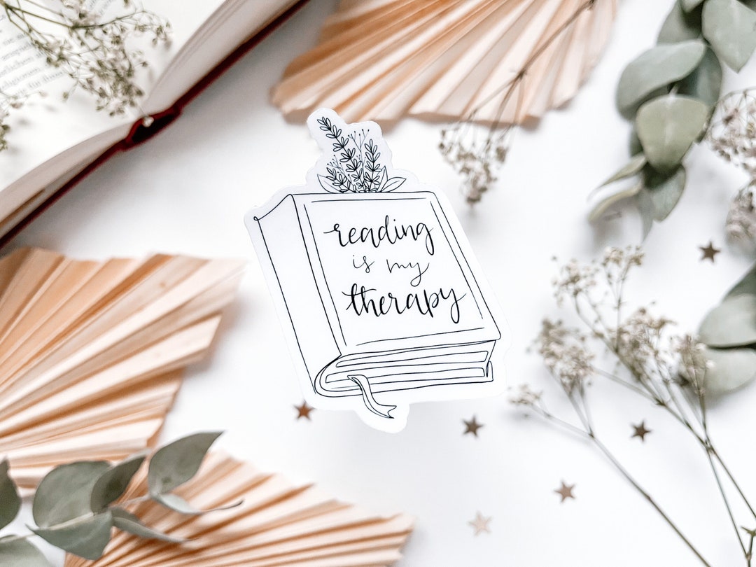 Line Art Book Vinyl Sticker Reading is My Therapy, CLEAR Sticker ...