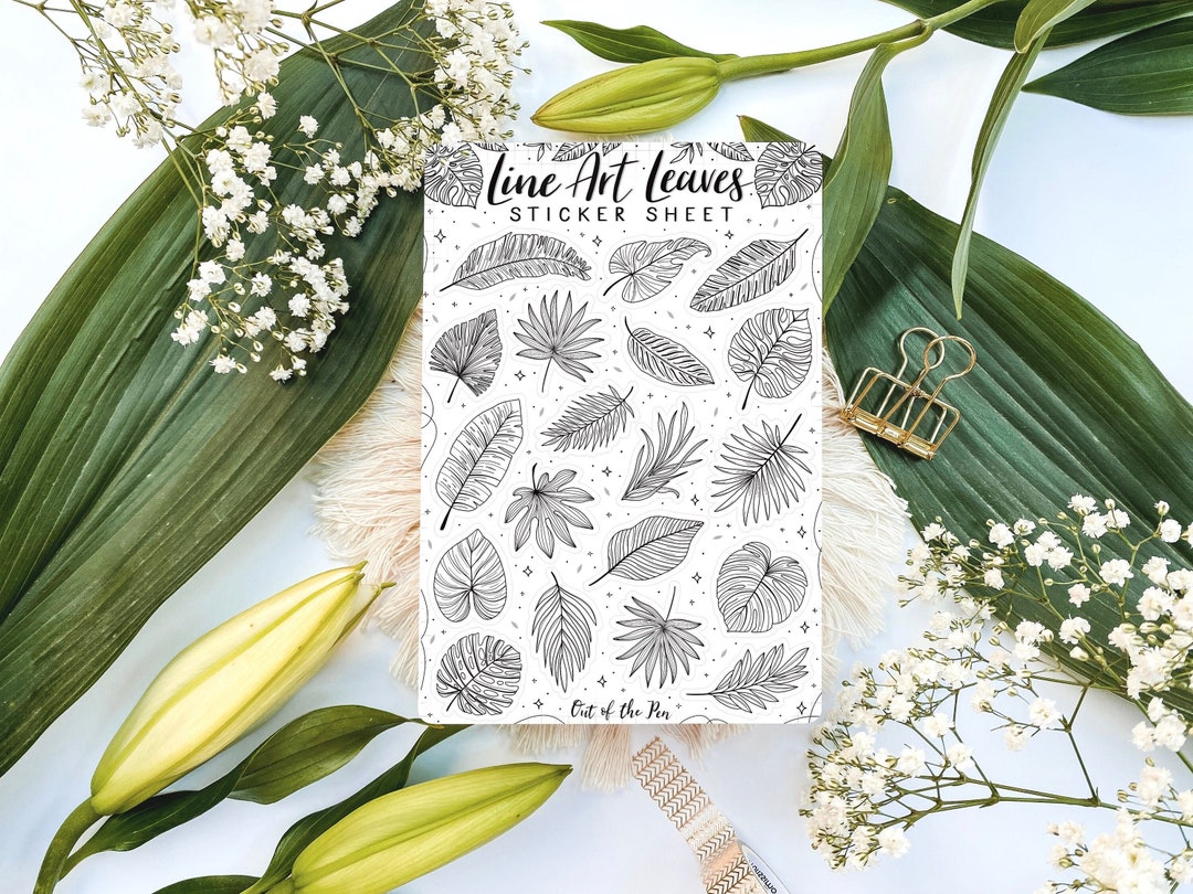 Sticker Sheet Leaves Line Art Black and White, Journal Stickers ...