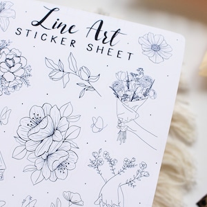 Sticker Sheet Lineart Black and White, Journal Stickers Floral ...