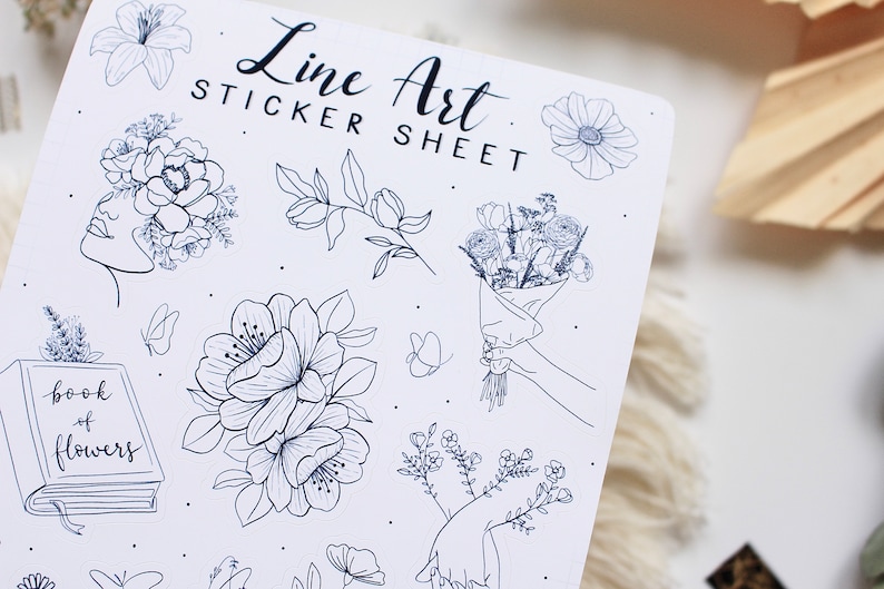 Sticker Sheet Lineart Black and White, Journal Stickers Floral ...