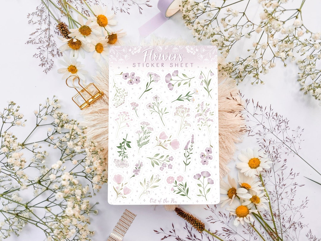 Sticker Sheet Flowers Purple, Journal Stickers Wildflowers, Floral ...