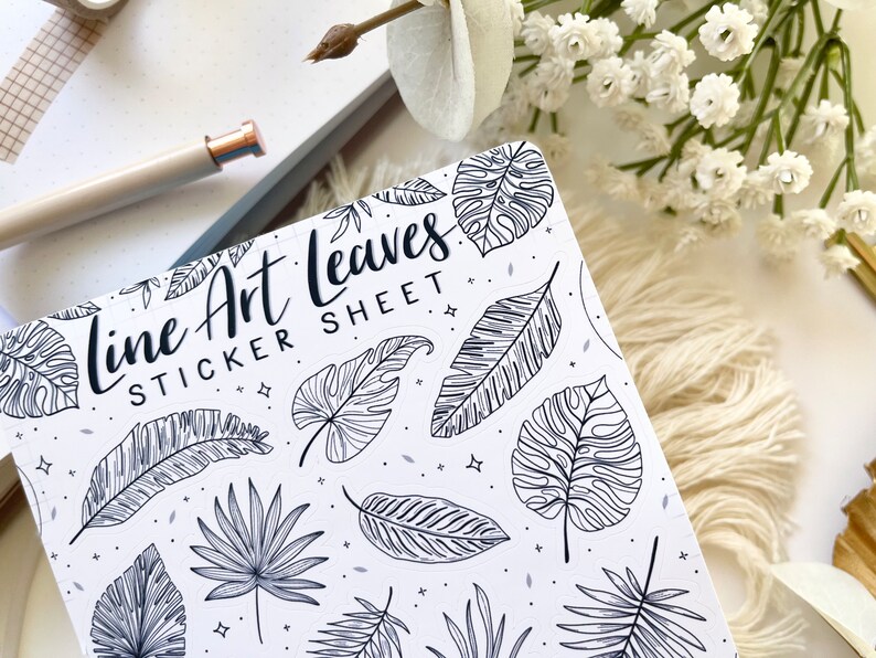Sticker Sheet Leaves Line Art Black and White Bullet Journal - Etsy