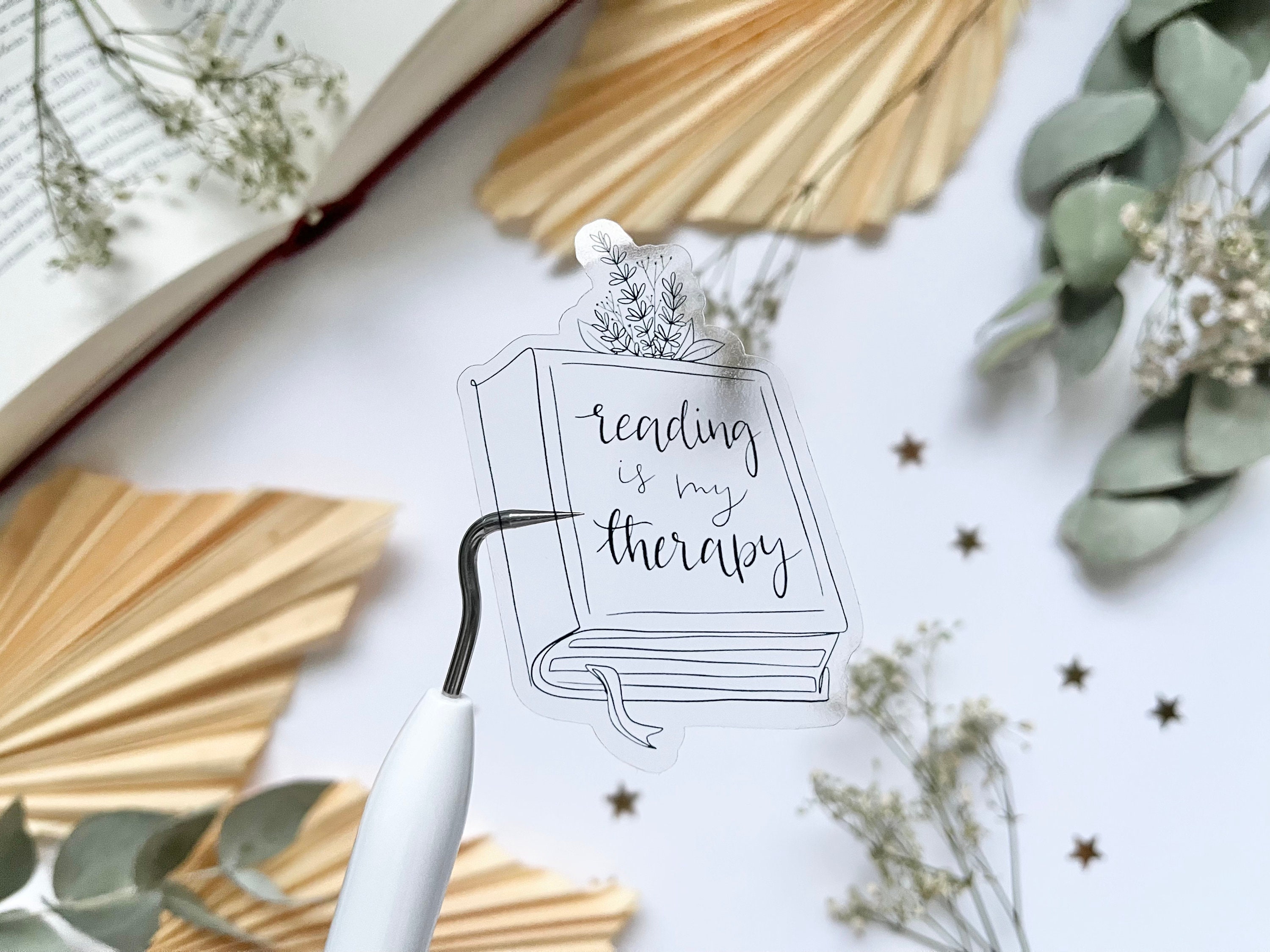 Line Art Book Vinyl Sticker Reading is My Therapy CLEAR - Etsy