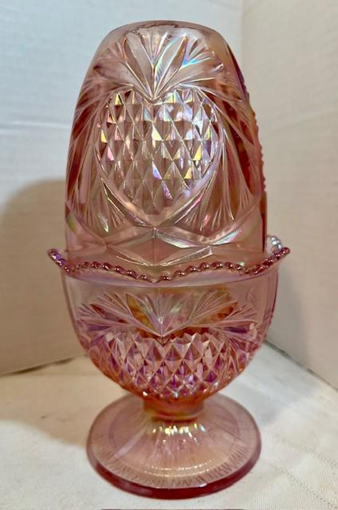 Fenton Pink Iridescent Pineapple Heart Glass Fairy Lamp Light Candle ...