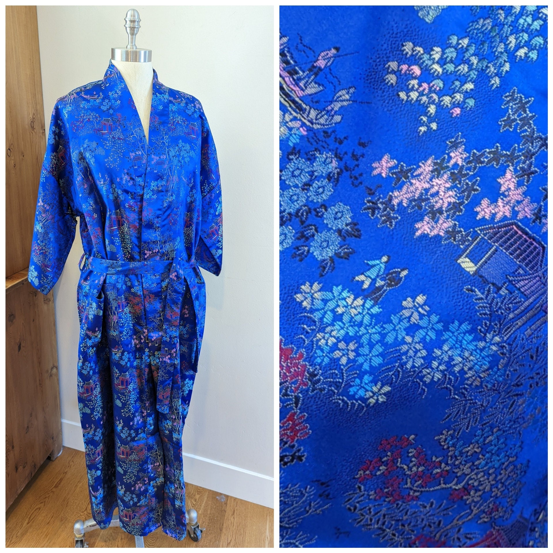 60s Chinese Brocade Robe, Royal Blue Brocade Robe, Satin Brocade Robe ...