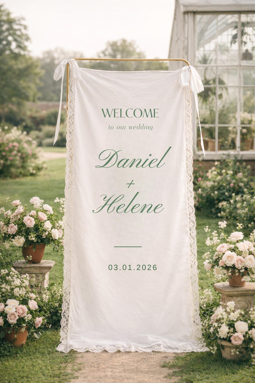 Linen Lace Wedding Banner, Personalized Wedding Welcome Sign, Romantic ...