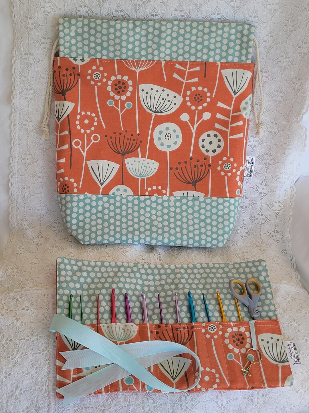 LARGE CRAFT PROJECT Bag & Matching Needle Roll, Knitting Bag, Crochet ...