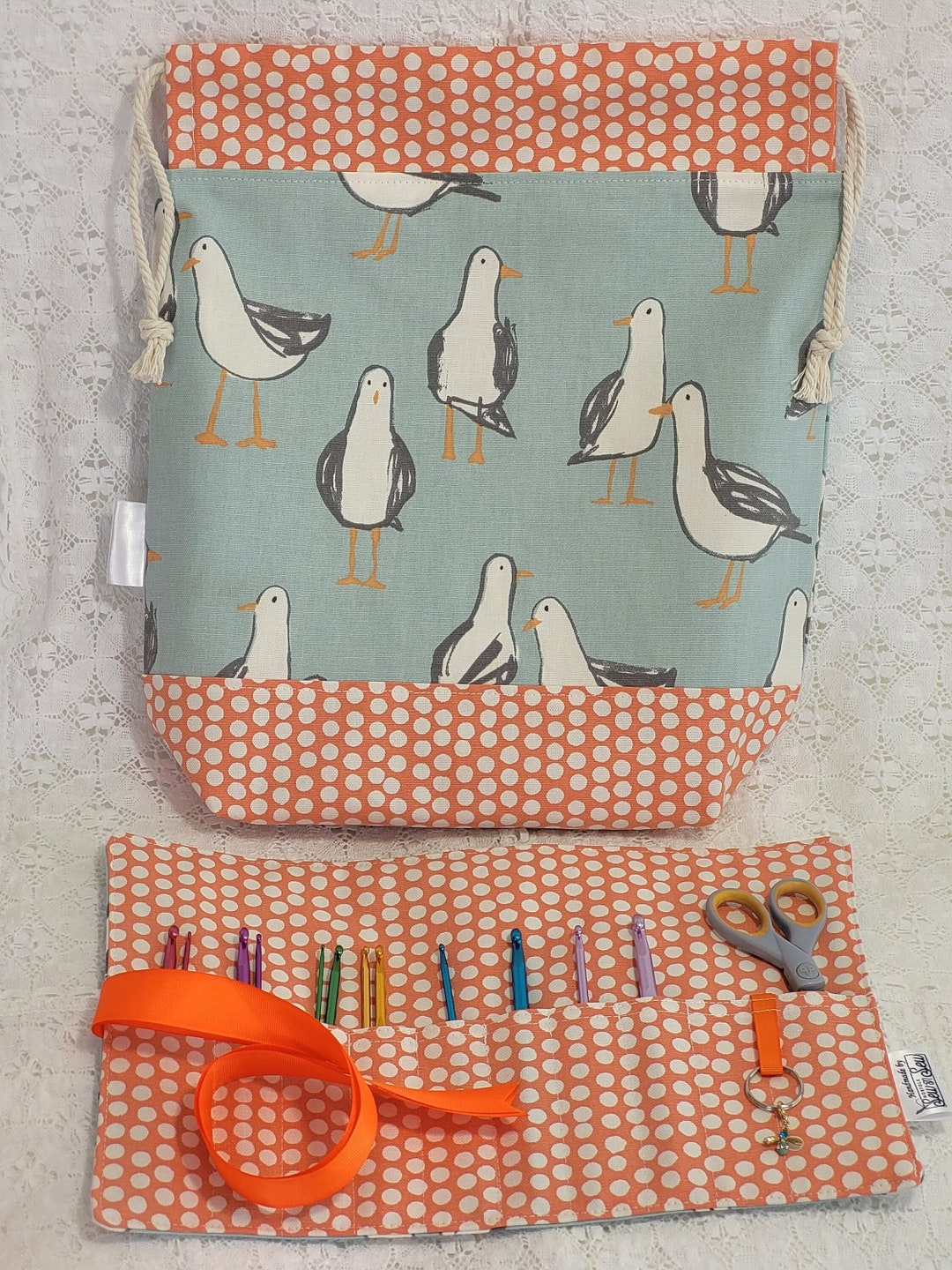 LARGE CRAFT PROJECT Bag & Matching Needle Roll, Knitting Bag, Crochet ...