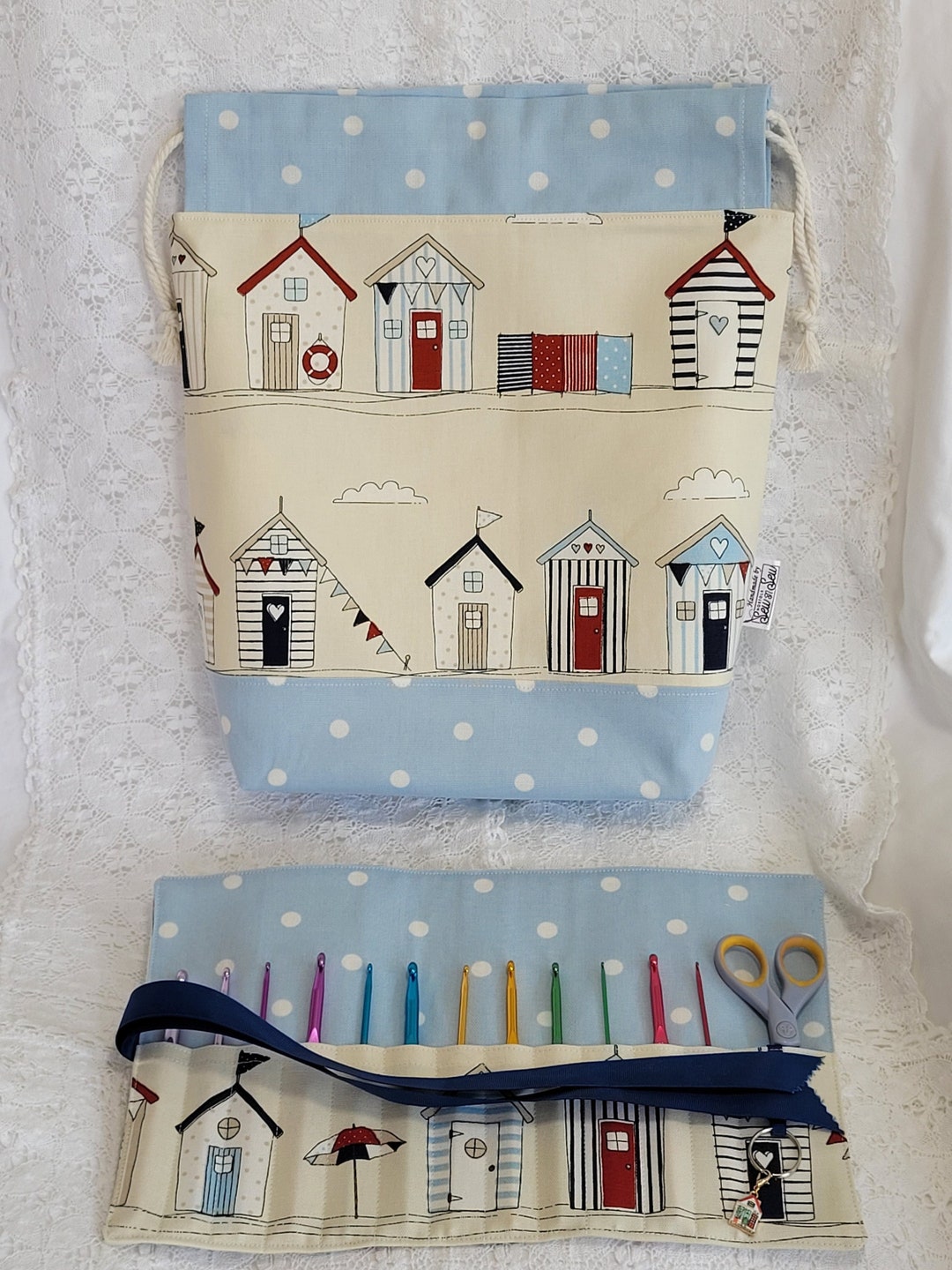 LARGE Drawstring Craft PROJECT Bag & Matching Crochet/dpn Storage Case ...