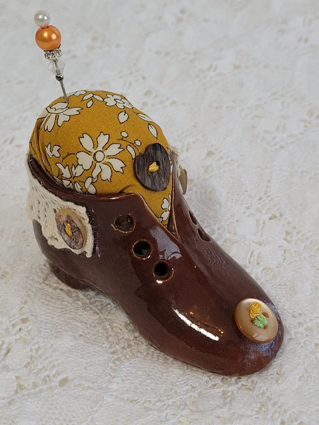 Vintage Up-cycled Brown Pottery Shoe Transformed Into a Pin Cushion ...