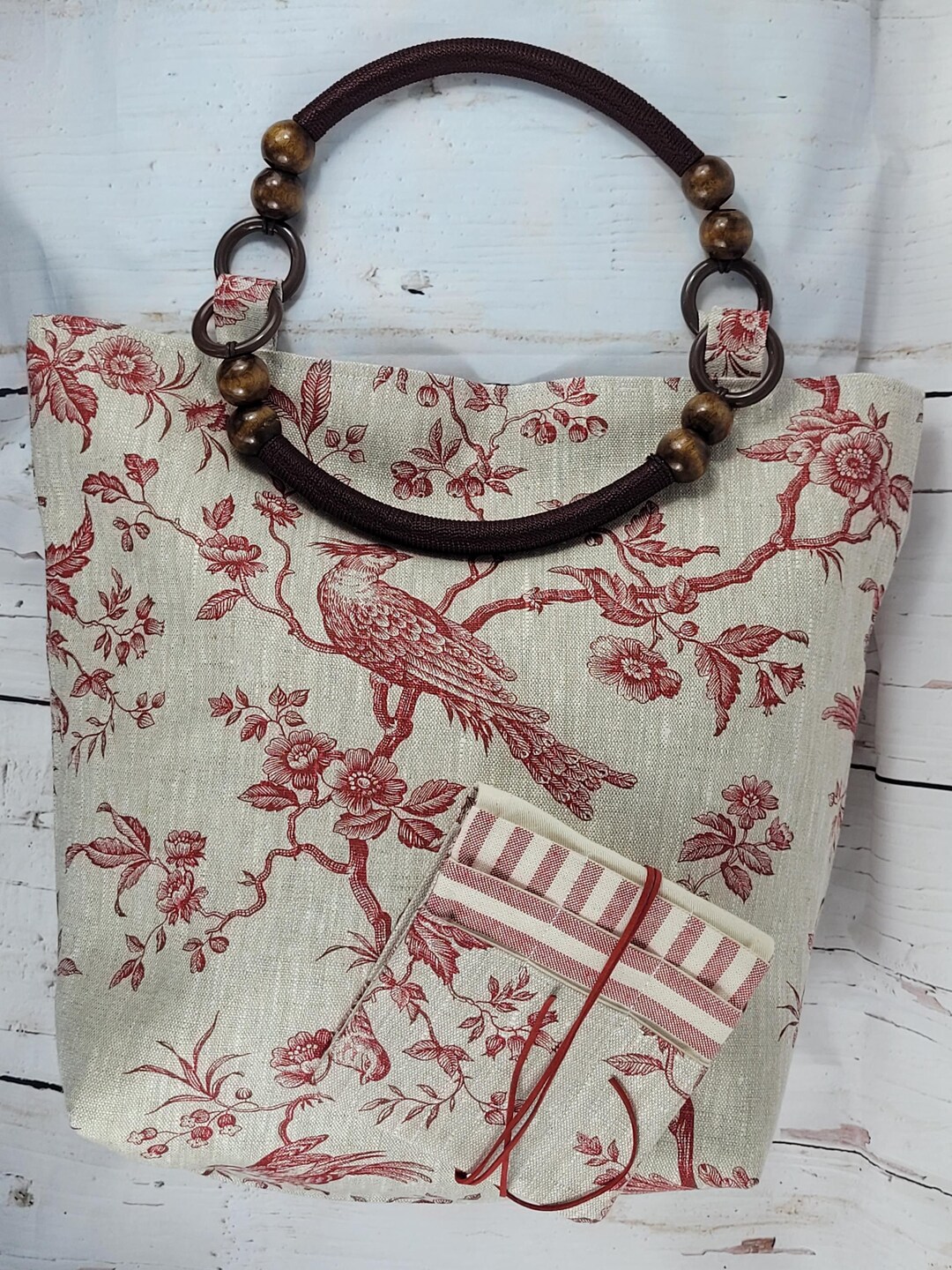 Large French Linen CRAFT PROJECT TOTE Bag in Burgundy Bird Design ...
