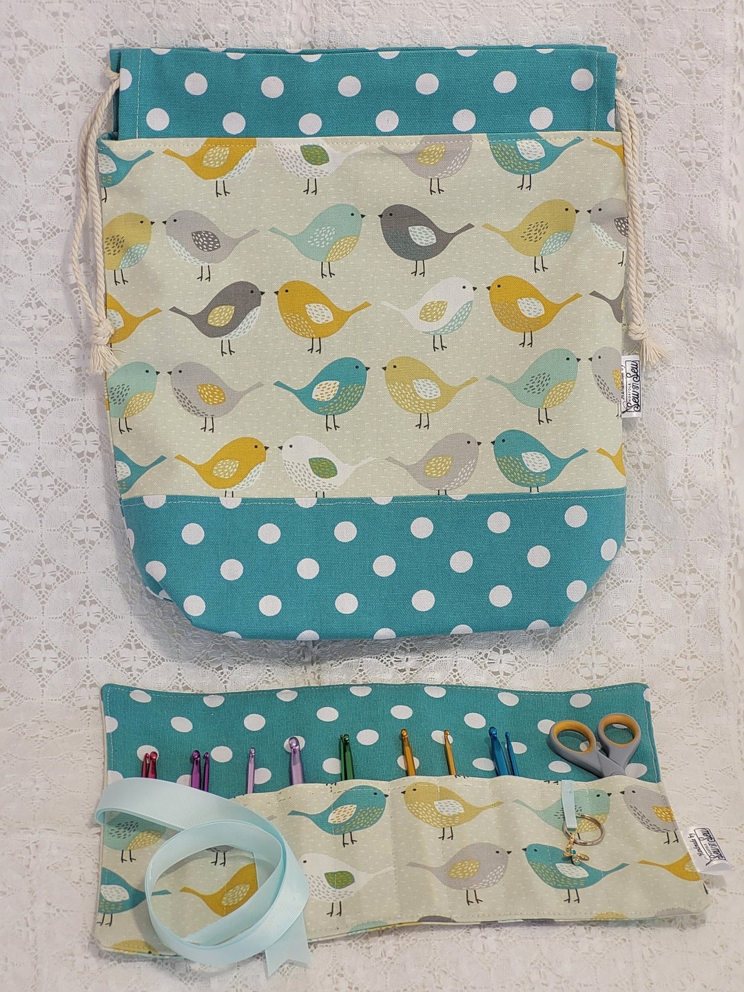 LARGE Drawstring Craft PROJECT Bag & Matching Crochet or DPN Storage ...