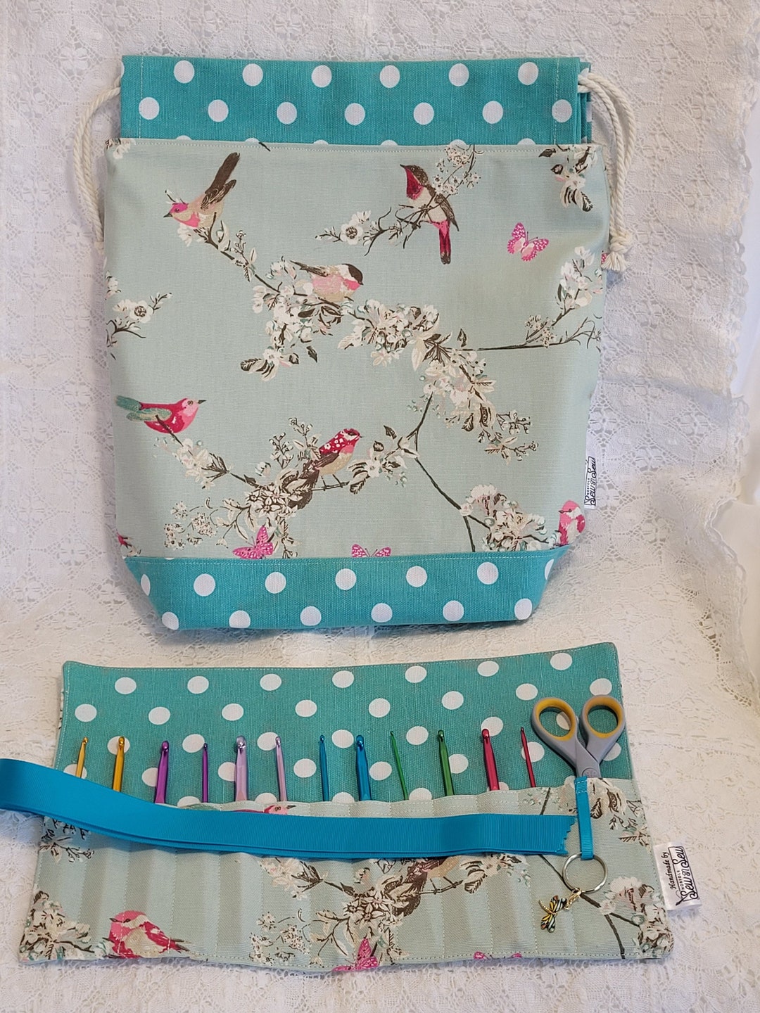 LARGE Drawstring Craft PROJECT Bag & Matching Crochet/dpn Storage Case ...