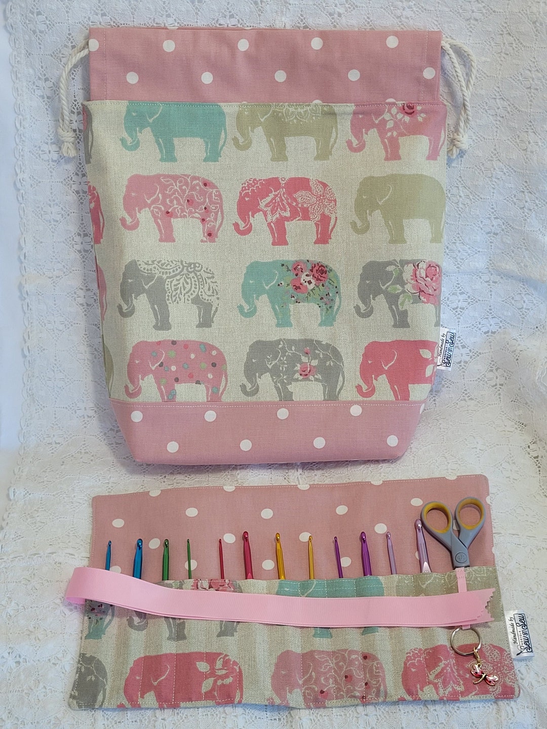 LARGE Drawstring Craft PROJECT Bag & Matching Crochet/dpn Storage Case ...
