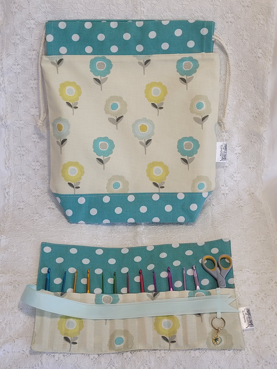 LARGE Drawstring Craft PROJECT Bag & Matching Crochet/dpn Storage Case ...