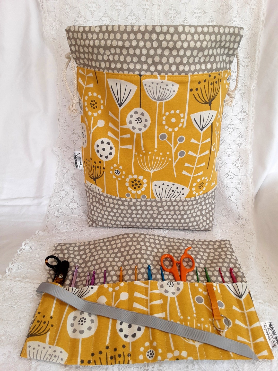 LARGE Drawstring Craft PROJECT Bag + Optional Crochet/furls or DPN Case ...