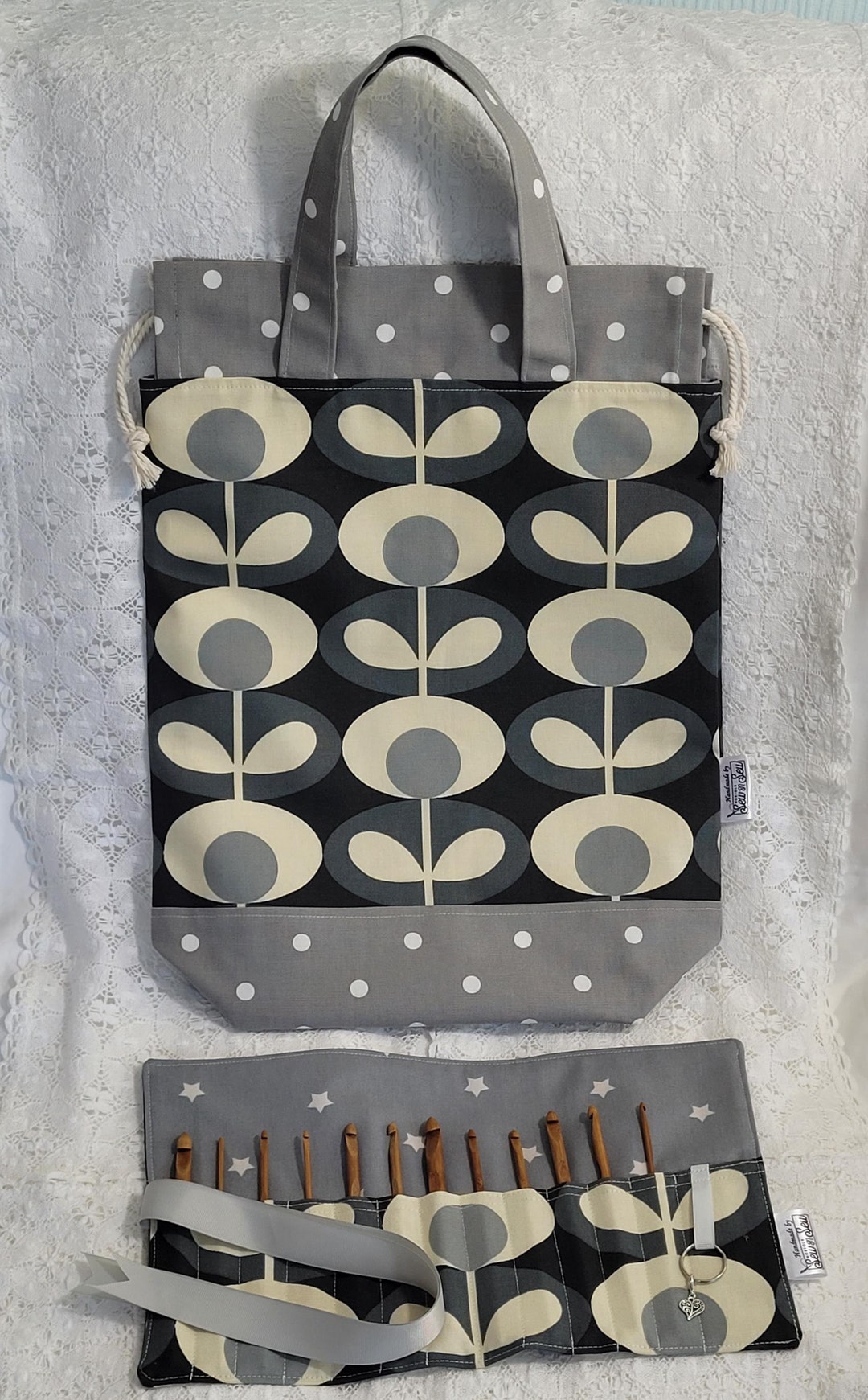 Large TOTE Drawstring Craft PROJECT Bag & Matching Crochet Hook Case or ...