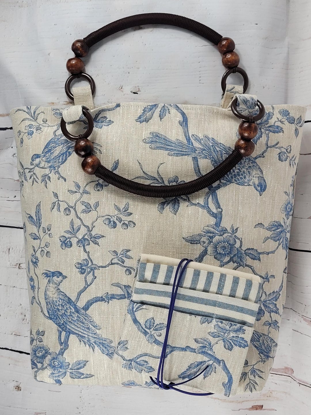 Large French Linen CRAFT PROJECT TOTE Bag in Blue Bird Design ...