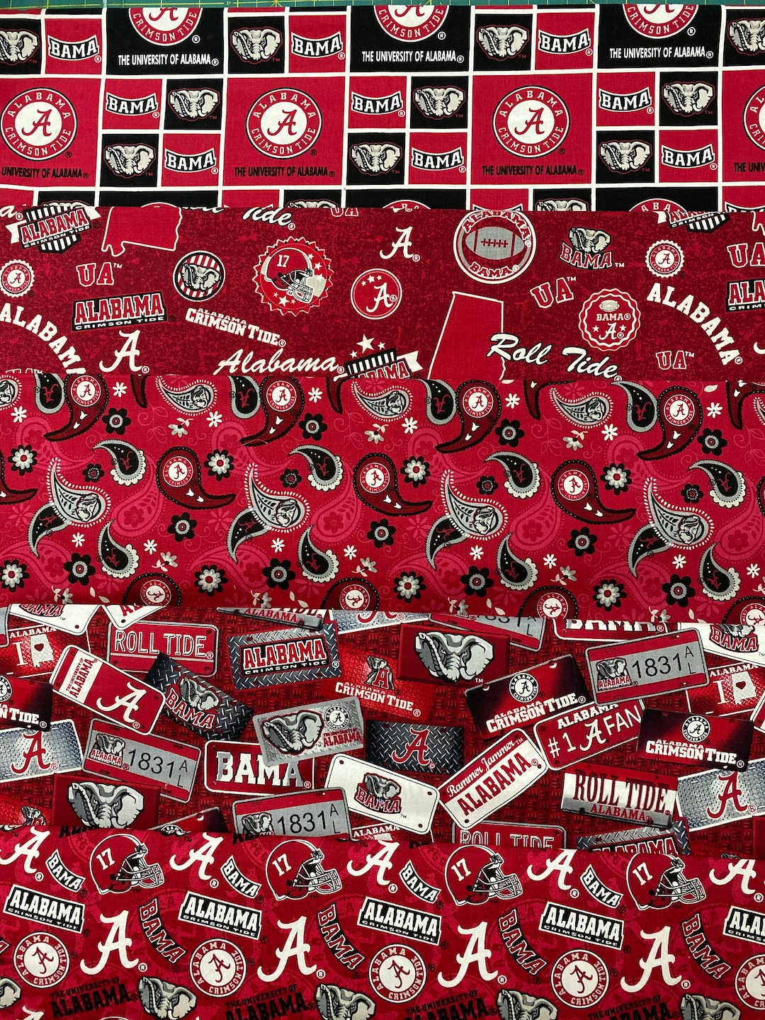 NCAA University of Alabama Crimson Tide, 5 Designs, 100% Cotton Fabric ...