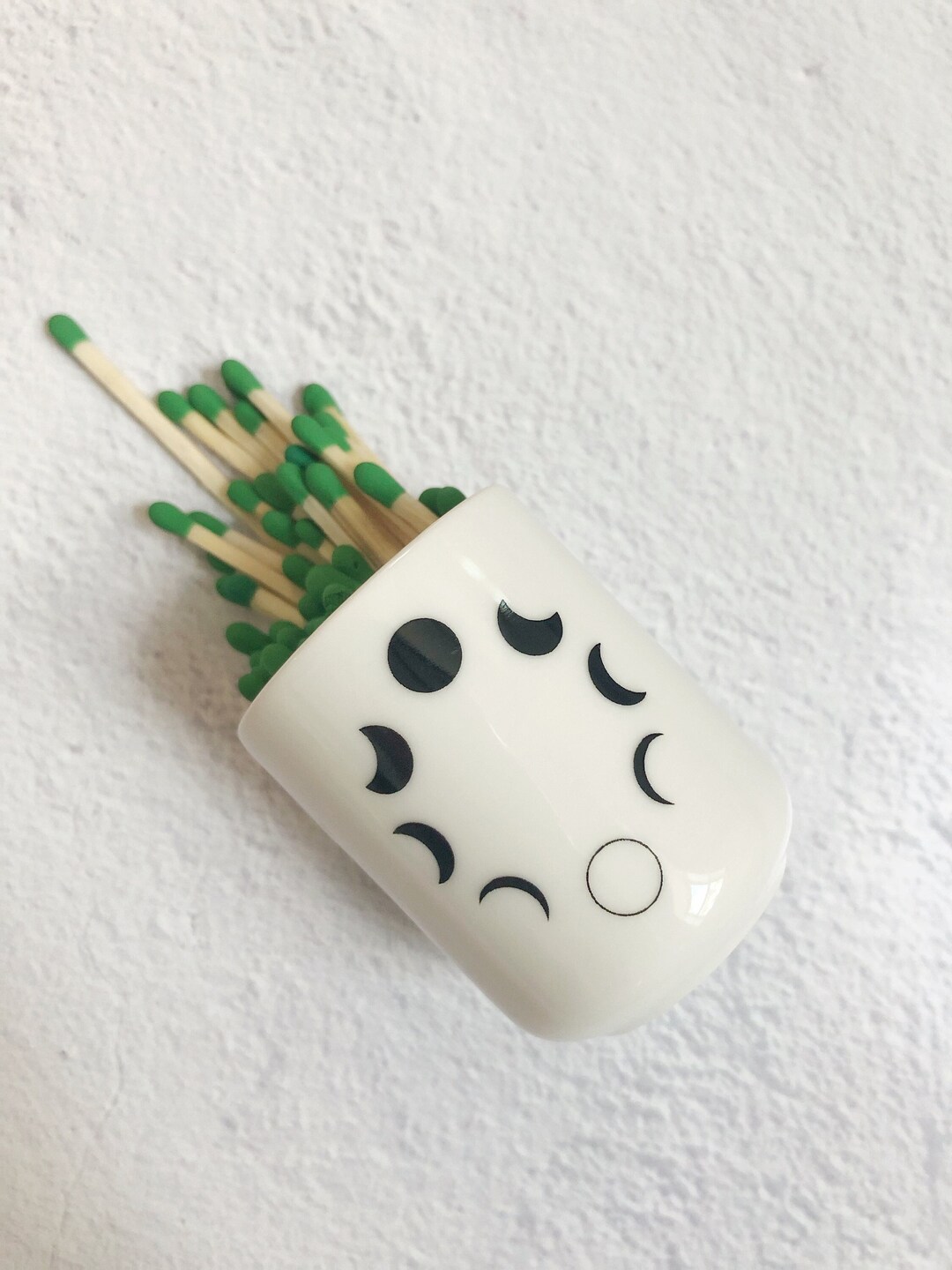 MATCHSTICK HOLDER Small Ceramic Jar Striker Sticker on Bottom Moon ...