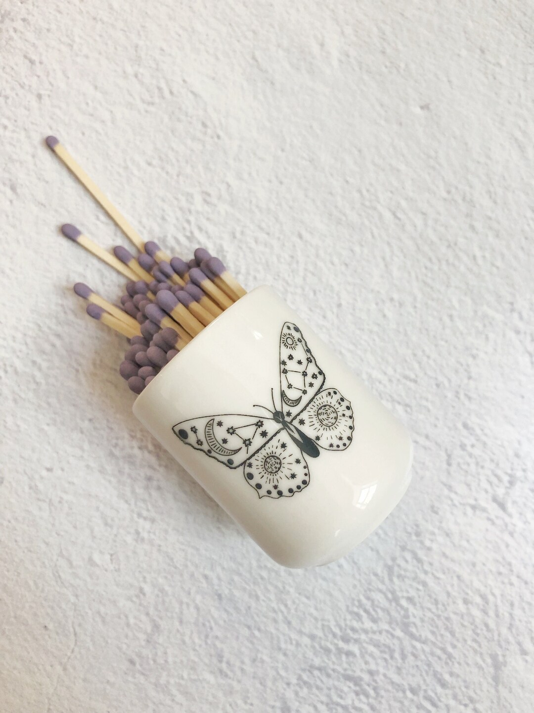 MATCHSTICK HOLDER Small Ceramic Jar Striker on Bottom Mystical ...