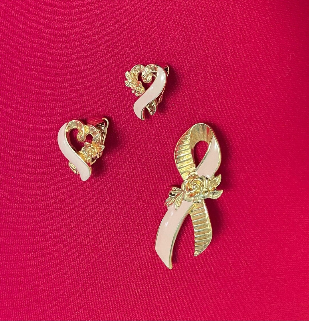 AVON Pink Ribbon Breast Cancer Awareness Lapel Pin & Clip on Earrings ...