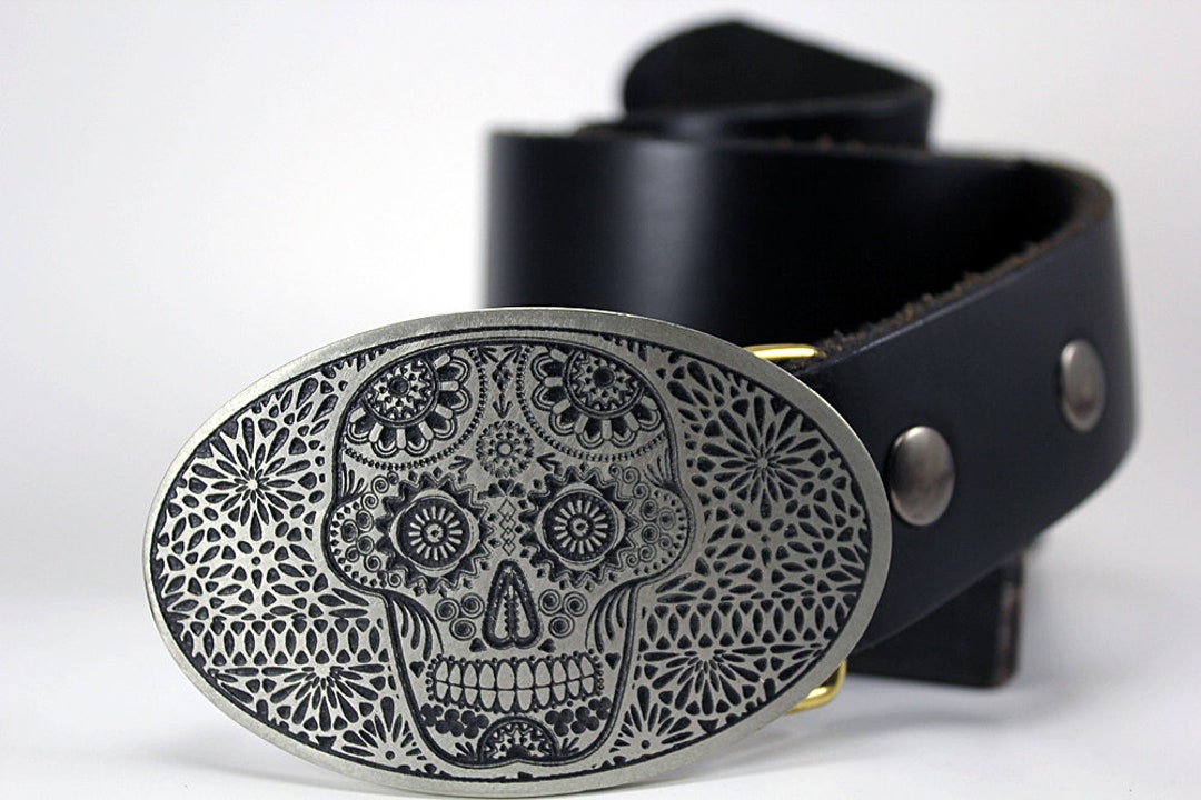 Dia De Los Muertos Skull Belt Buckle -SOLID METAL- Choose Copper, Brass ...