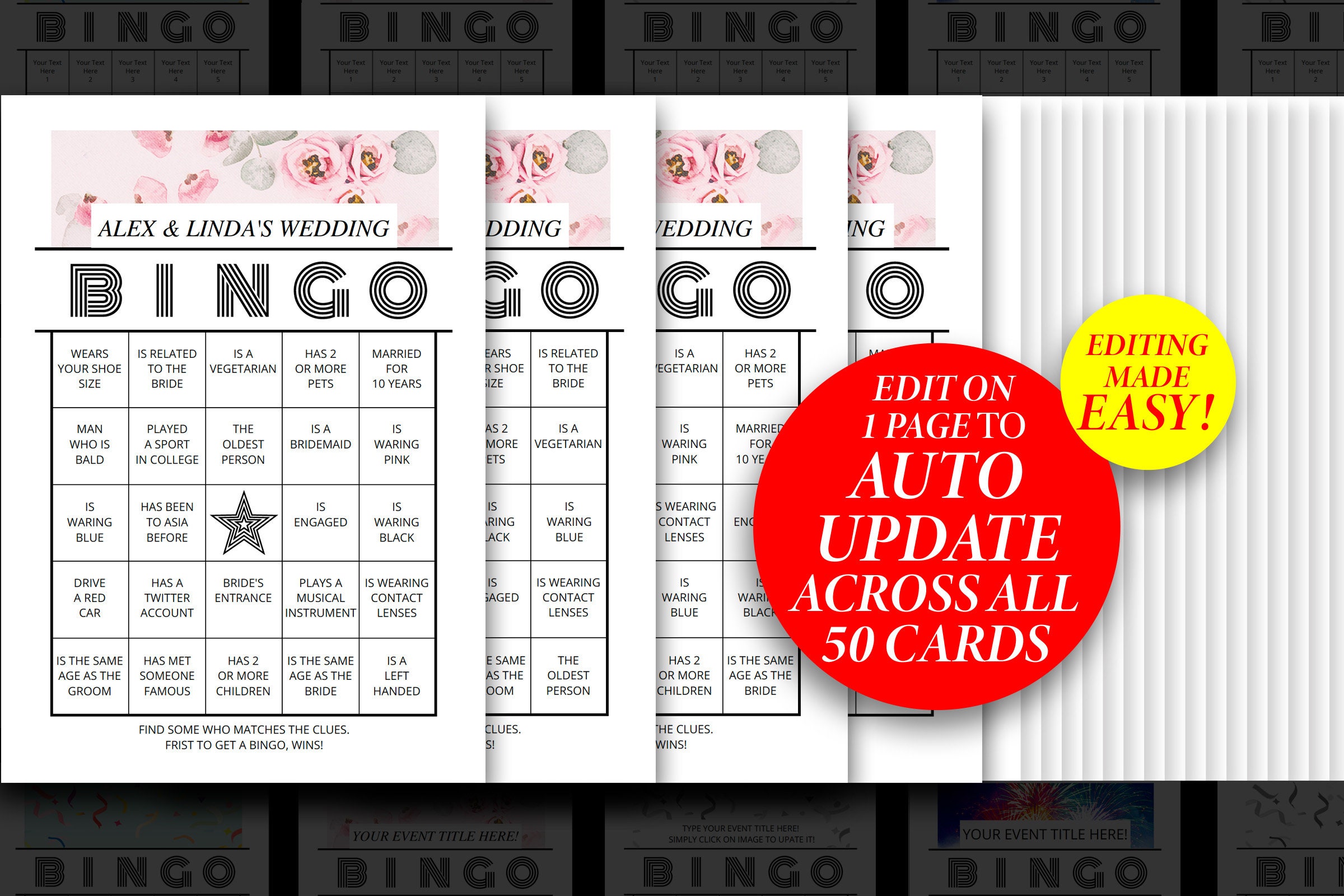 Editable Bingo Card Templates Printable Customisable Bingo Card Wedding ...