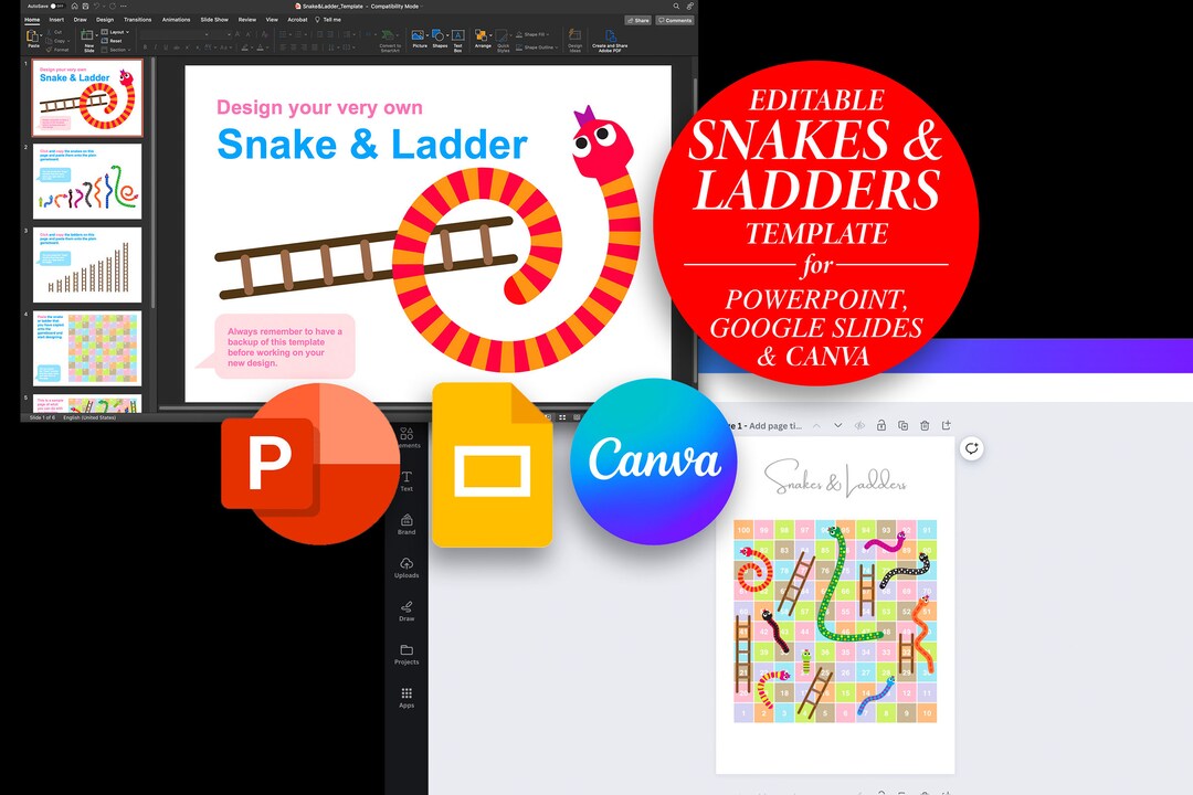 Printable Editable Snakes and Ladders for Canva and Powerpoint | PDF ...