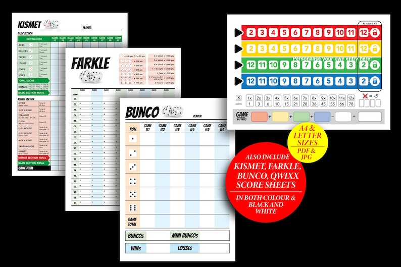 Yahtzee Farkle Kismet Bunco Qwixx Score Sheet Value Pack Bundle | Dice ...