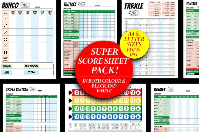 Yahtzee Farkle Kismet Bunco Qwixx Score Sheet Value Pack Bundle | Dice ...