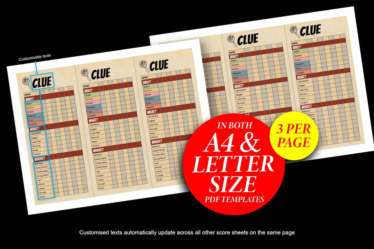 Clue Refill Sheets | Personalise Cluedo Replacement Score Sheet ...